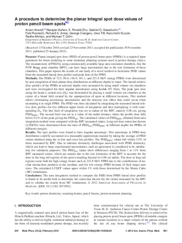 (PDF) A procedure to determine the planar integral spot dose values of ...