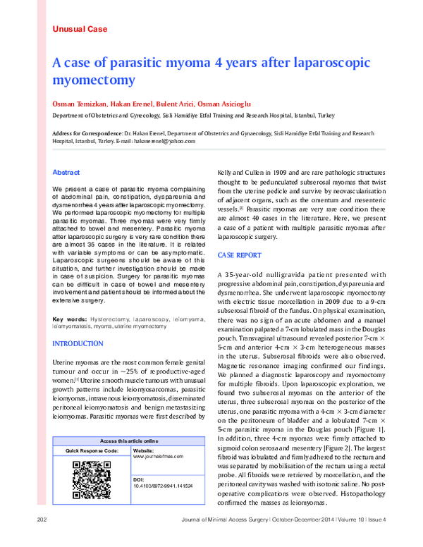 (PDF) A case of parasitic myoma 4 years after laparoscopic myomectomy