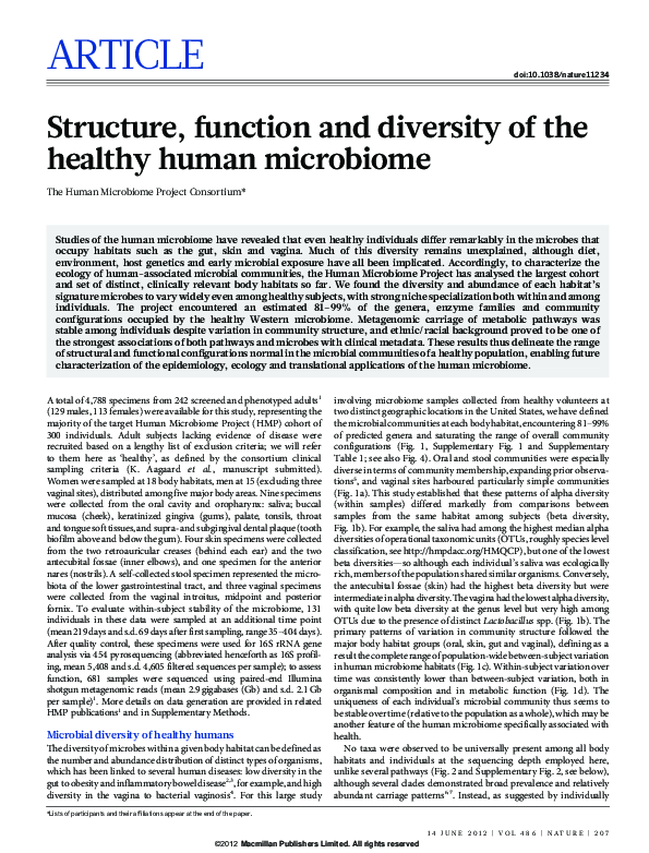 (PDF) Structure, function and diversity of the healthy human microbiome