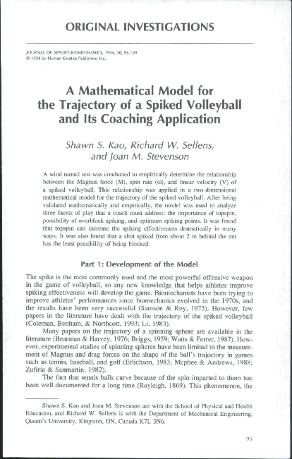 (PDF) A Mathematical Model for the Trajectory of a Spiked Volleyball ...
