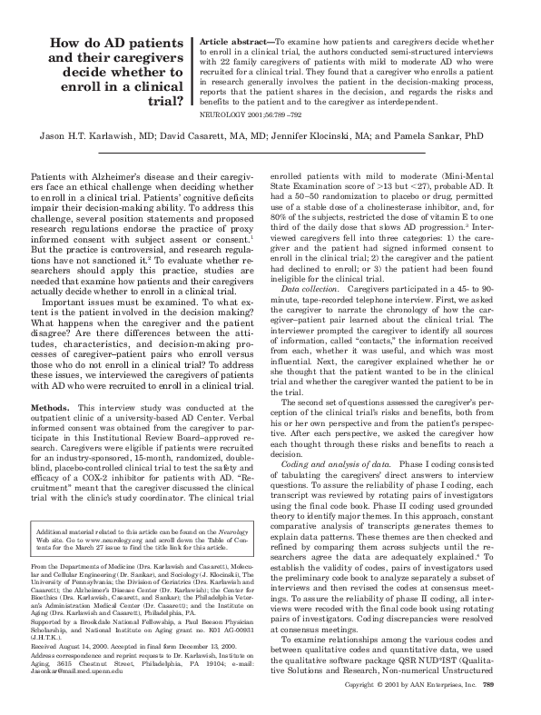 (PDF) How do AD patients and their caregivers decide whether to enroll ...