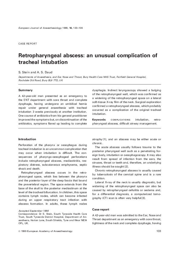 (PDF) Retropharyngeal abscess: an unusual complication of tracheal ...