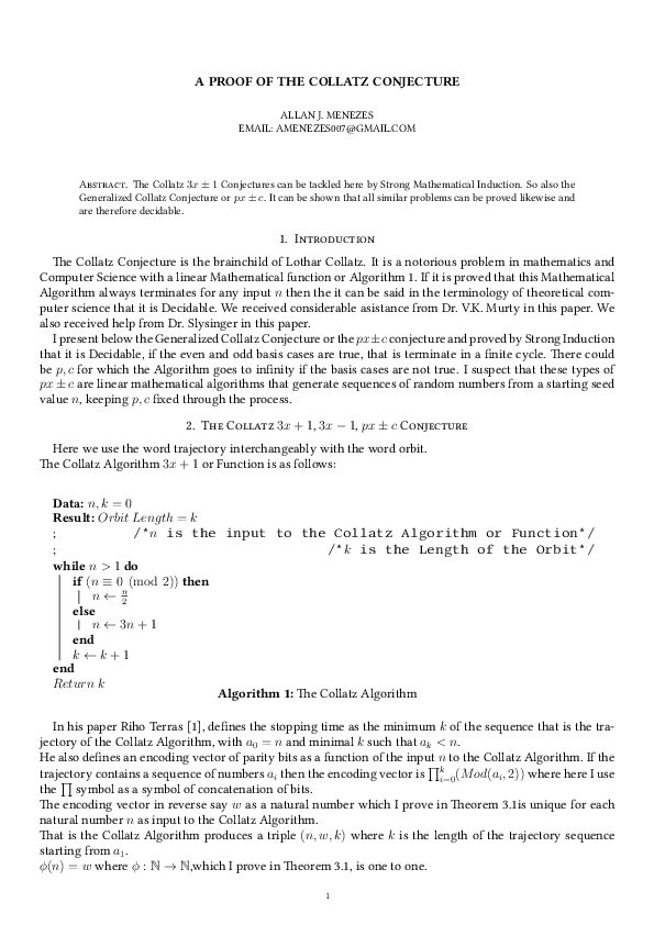 (PDF) A PROOF OF THE COLLATZ CONJECTURE