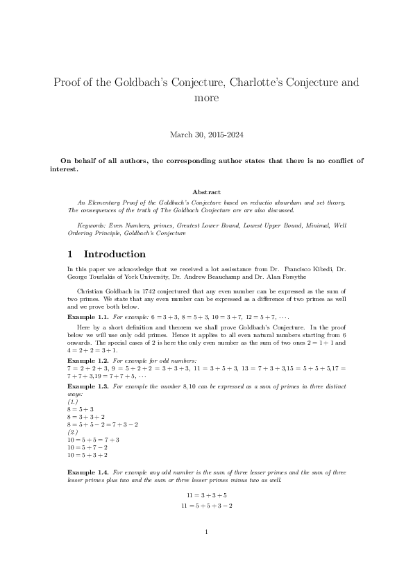 (PDF) Proof of the Goldbach's Conjecture, Charlotte's Conjecture and more