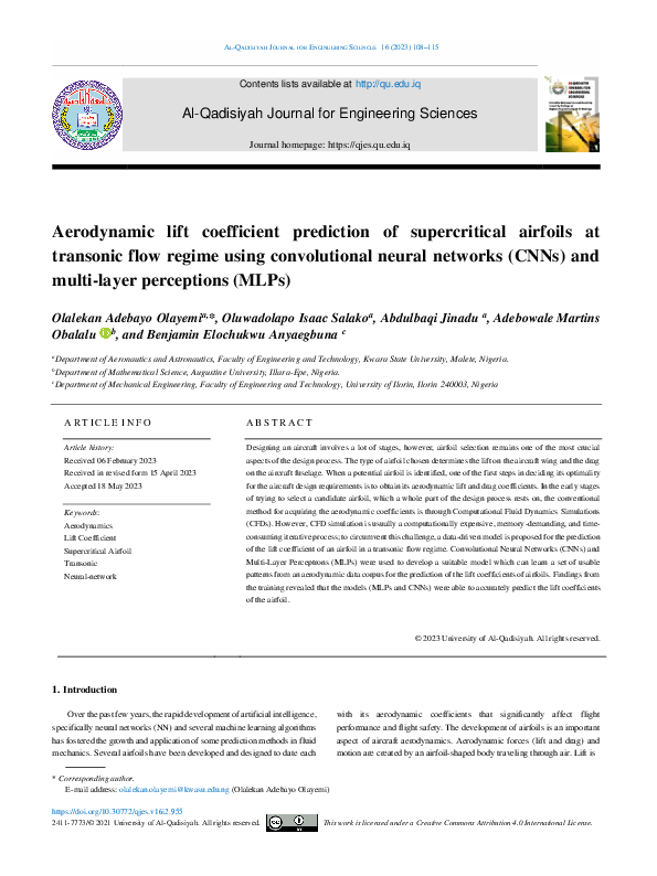 (PDF) Aerodynamic lift coefficient prediction of supercritical airfoils at transonic flow regime ...