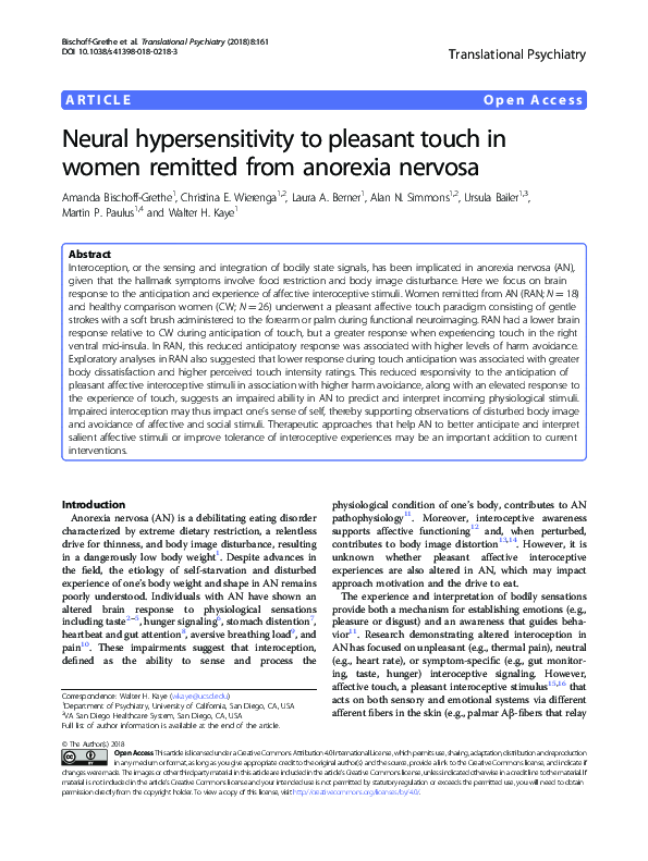 (PDF) Neural hypersensitivity to pleasant touch in women remitted from ...