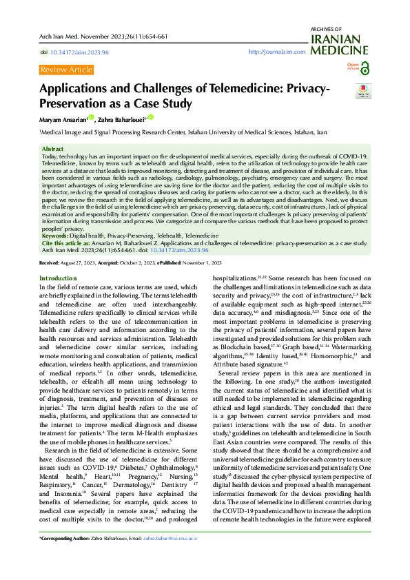 (PDF) Applications and Challenges of Telemedicine: Privacy-Preservation ...