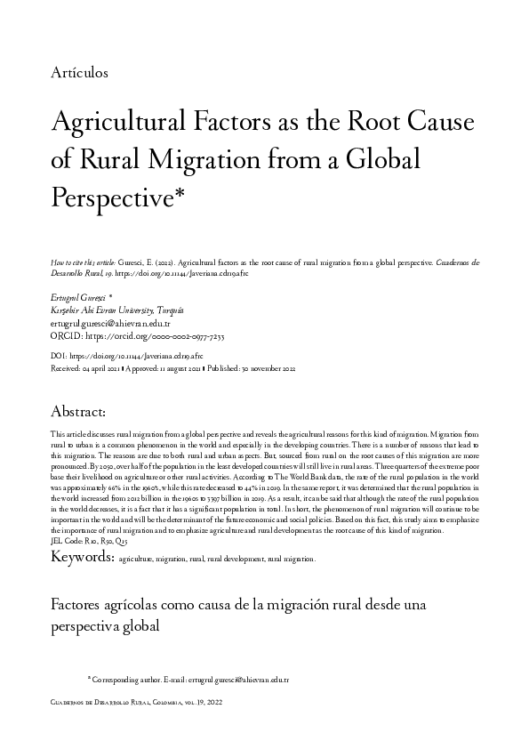 (PDF) Agricultural Factors as the Root Cause of Rural Migration from a ...
