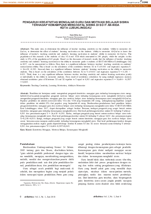 (PDF) Pengaruh Kreativitas Mengajar Guru Dan Motivasi Belajar Siswa Terhadap Kemampuan Menghafal ...