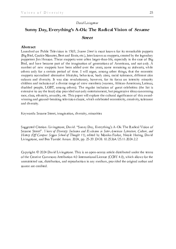 (PDF) David Livingstone Sunny Day Everythings A Ok The Radical Vision of Sesame Street Abstract ...
