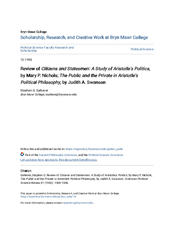 (PDF) Review of Citizens and Statesmen: A Study of Aristotle's Politics ...