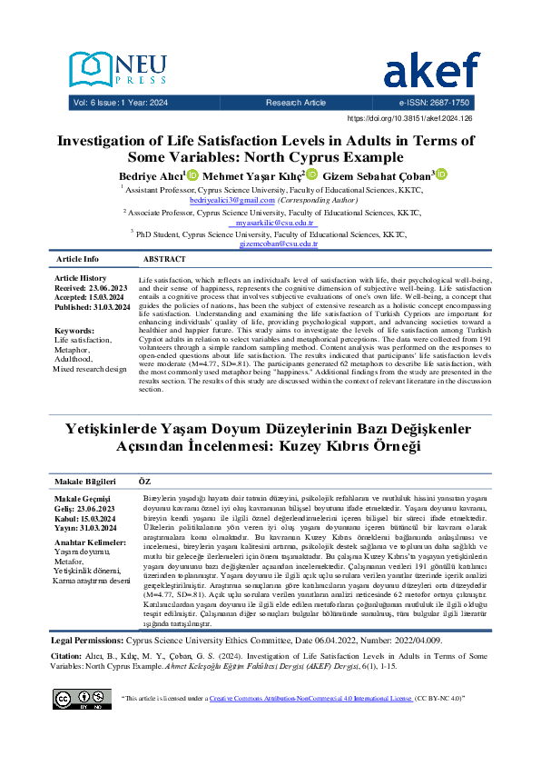 (PDF) Investigation of Life Satisfaction Levels in Adults in Terms of ...
