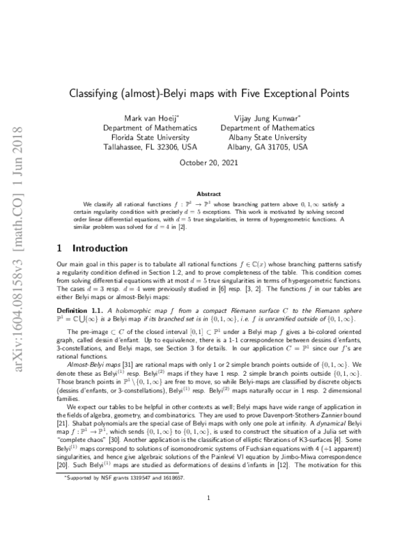 (PDF) Classifying (near)-Belyi maps with Five Exceptional Points