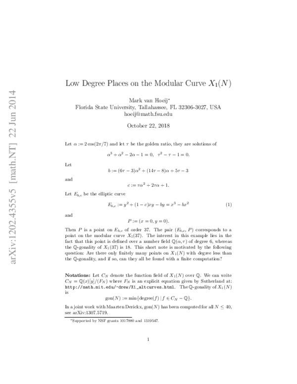 (PDF) Low Degree Places on the Modular Curve X1(N) | Mark Hoeij ...