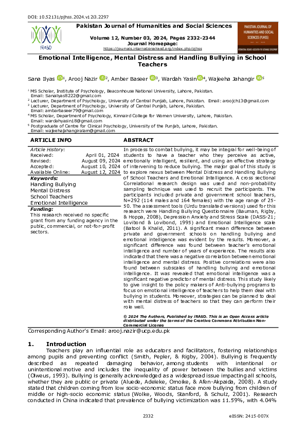 (PDF) Emotional Intelligence, Mental Distress and Handling Bullying in ...