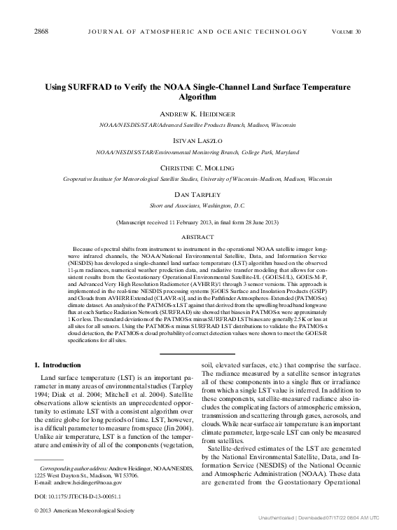 (PDF) Using SURFRAD to Verify the NOAA Single-Channel Land Surface ...