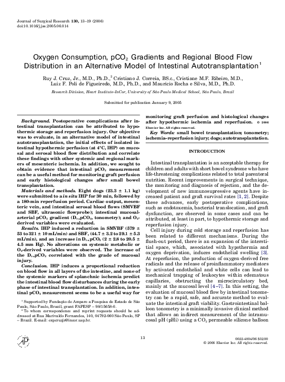 (PDF) Oxygen Consumption, pCO2 Gradients and Regional Blood Flow ...