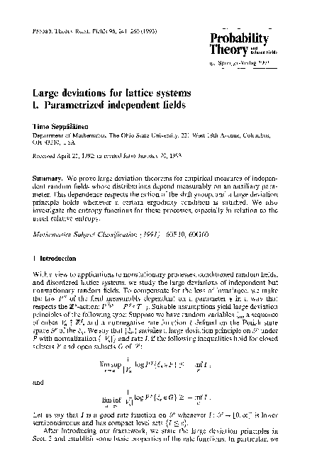 (PDF) Large deviations for lattice systems I. Parametrized independent fields