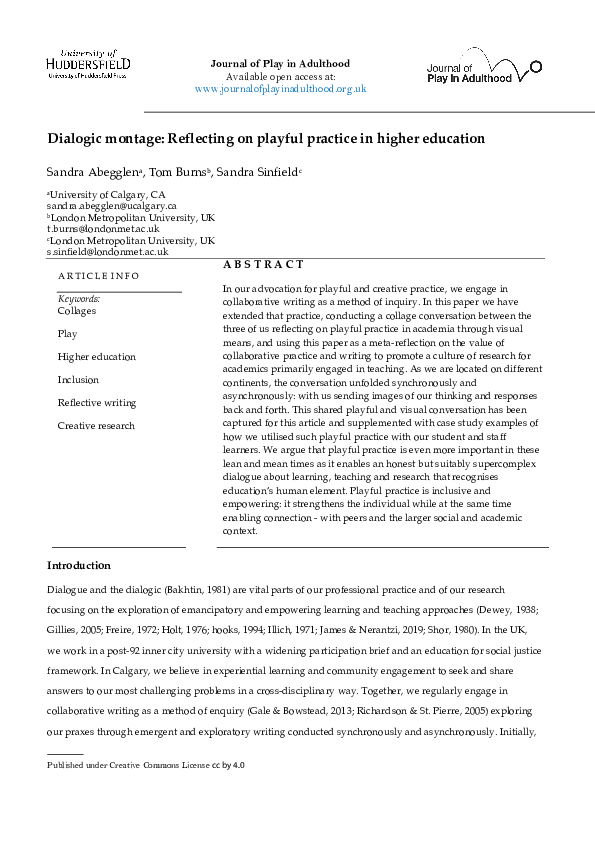 (PDF) Dialogic montage Reflecting on playful practice in higher education | Sandra Abegglen ...