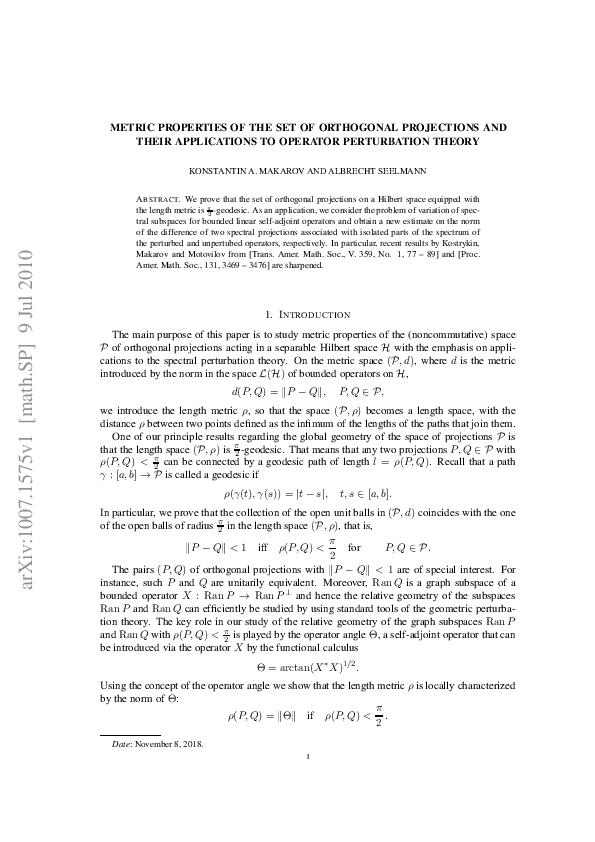 (PDF) Metric Properties of the Set of Orthogonal Projections and Their ...