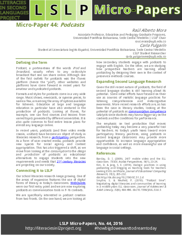 (PDF) LSLP Micro-Paper 44: Podcasts | Raúl Alberto Mora (él/he/han/ele/il/on) - Academia.edu