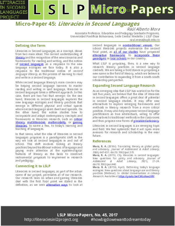 (PDF) LSLP Micro-Paper 45: Literacies in Second Languages