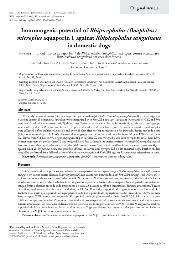 (PDF) Immunogenic potential of Rhipicephalus (Boophilus) microplus aquaporin 1 against ...