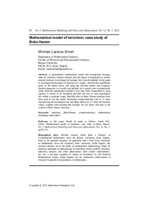 (PDF) Mathematical model of terrorism: case study of Boko Haram