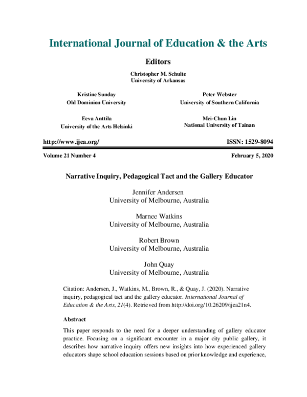 (PDF) Narrative inquiry, pedagogical tact and the gallery educator | Jennifer Andersen ...
