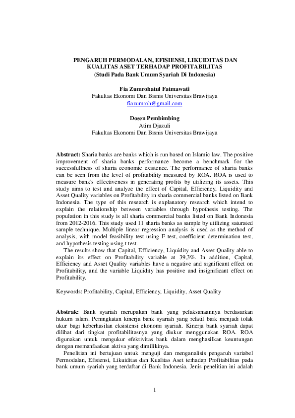 (PDF) PENGARUH PERMODALAN, EFISIENSI, LIKUIDITAS DAN KUALITAS ASET TERHADAP PROFITABILITAS ...