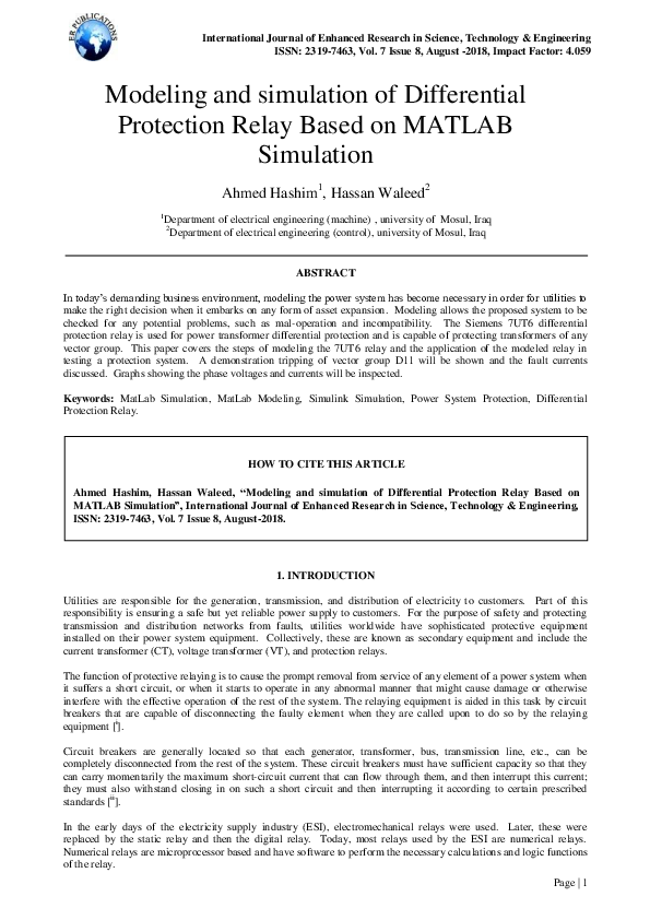 Pdf Modeling And Simulation Of Differential Protection Relay Based On Matlab Simulation