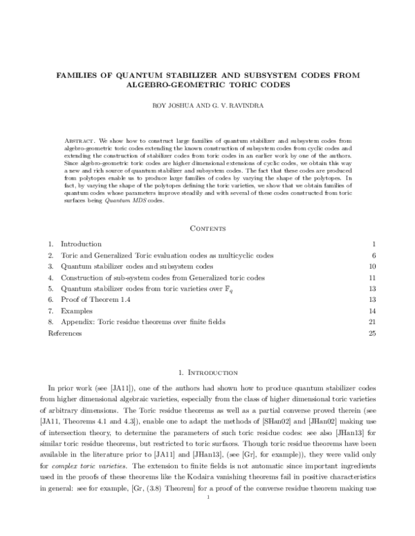 (PDF) Families of Quantum Stabilizer and Subsystem Codes from Algebro-Geometric Toric Codes