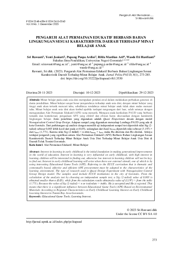 (PDF) Pengaruh Alat Permainan Edukatif Berbasis Bahan Lingkungan Sesuai Karakteristik Daerah ...