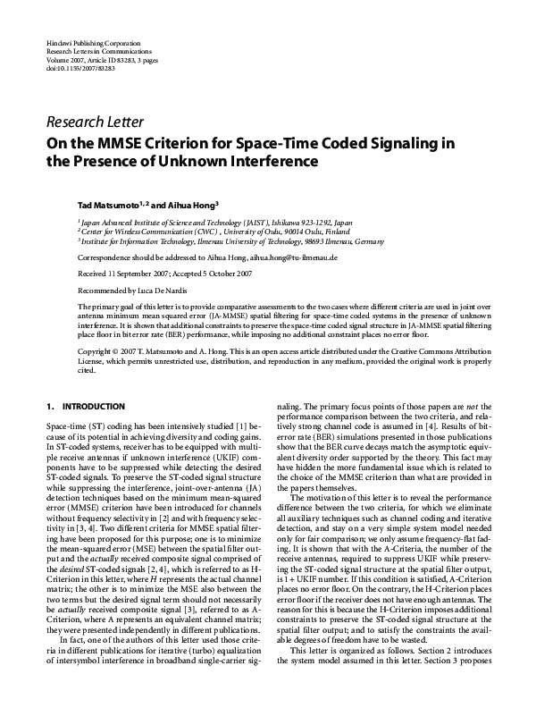 (PDF) On the MMSE Criterion for Space-Time Coded Signaling in the ...