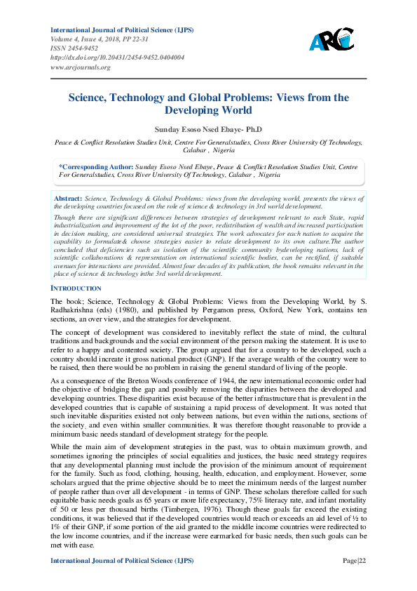 (PDF) Science, Technology and Global Problems: Views from the ...