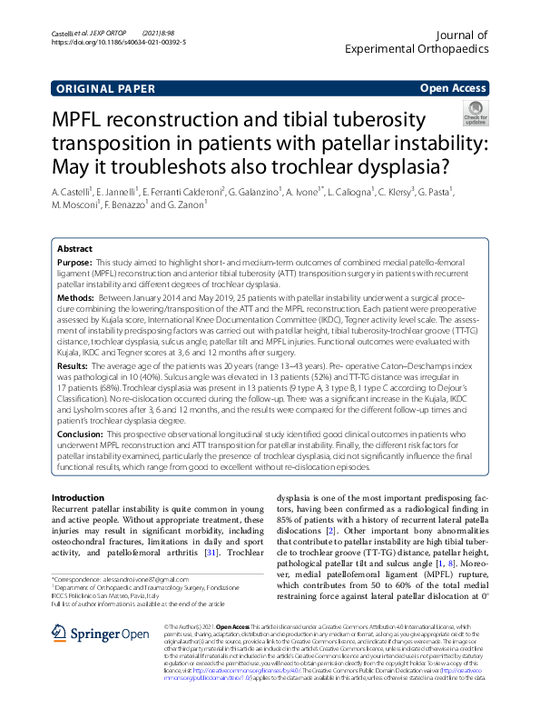 (PDF) MPFL reconstruction and tibial tuberosity transposition in ...