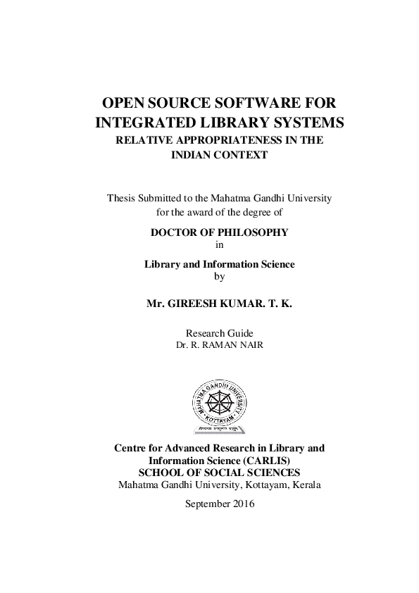 (PDF) Open Source Software for Integrated Library System : Relative Appropriatness in the Indian ...