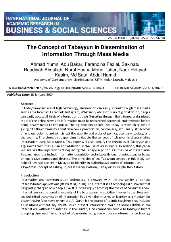 (PDF) The Concept of Tabayyun in Dissemination of Information Through ...