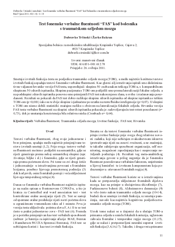 (PDF) Test fonemske verbalne fluentnosti “fas” kod bolesnika s ...
