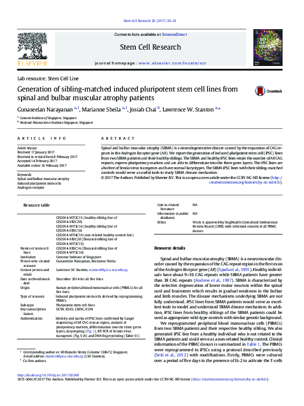 (PDF) Generation of sibling-matched induced pluripotent stem cell lines from spinal and bulbar ...