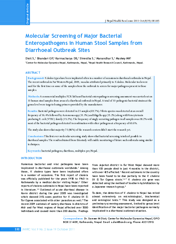 (PDF) Molecular screening of major bacterial enteropathogens in human stool samples from ...
