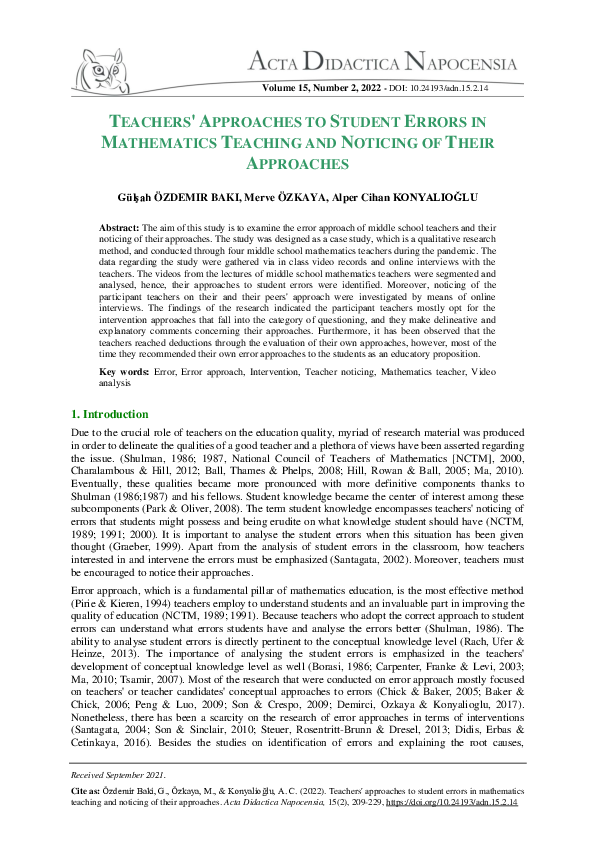 (PDF) Teachers' approaches to student errors in mathematics teaching and noticing of their ...