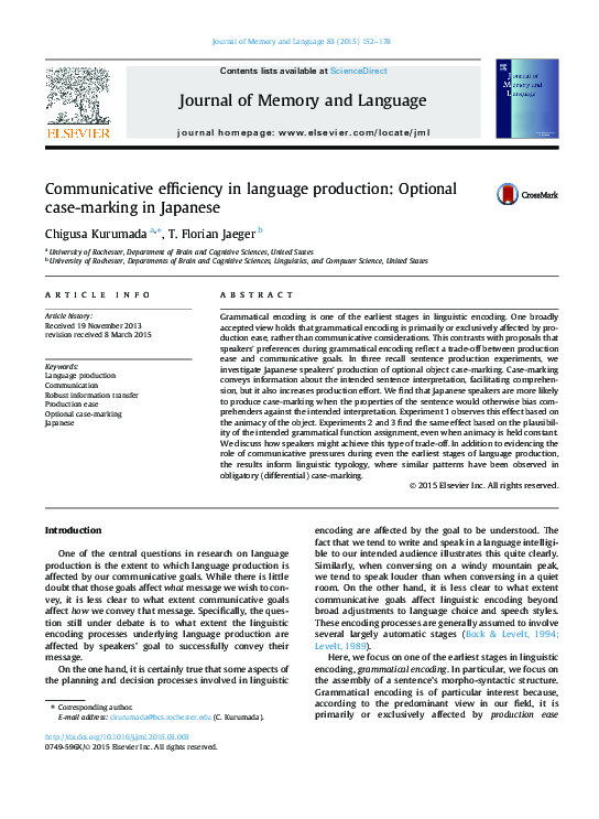 (PDF) Communicative efficiency in language production: Optional case-marking in Japanese