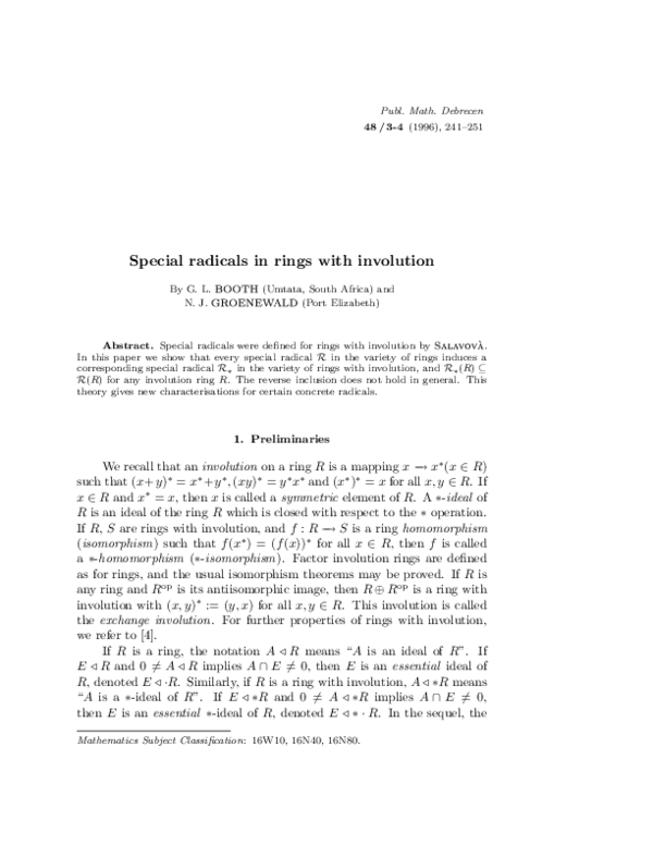(PDF) Special radicals in rings with involution