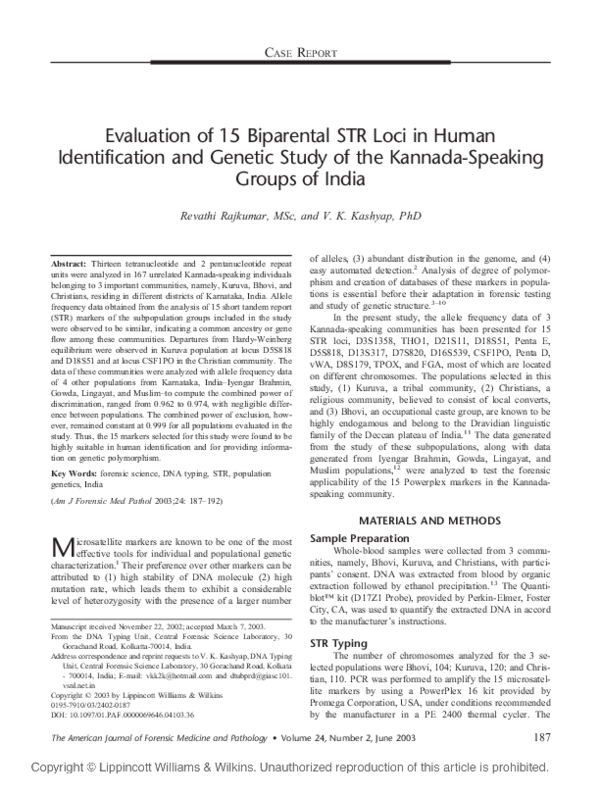 (PDF) Evaluation of 15 Biparental STR Loci in Human Identification and ...