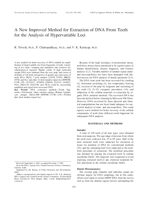 (PDF) A New Improved Method for Extraction of DNA From Teeth for the ...