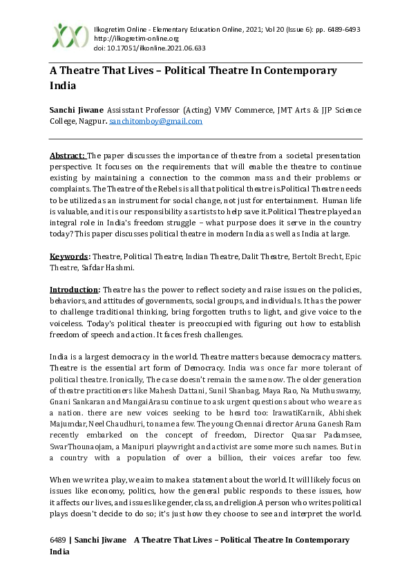(PDF) A Theatre That Lives -Political Theatre In Contemporary India