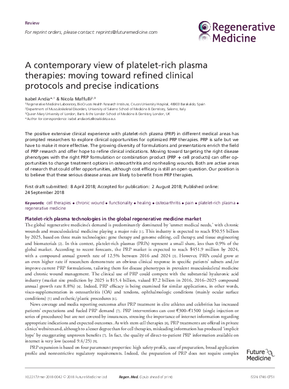 (PDF) A contemporary view of platelet-rich plasma therapies: moving ...