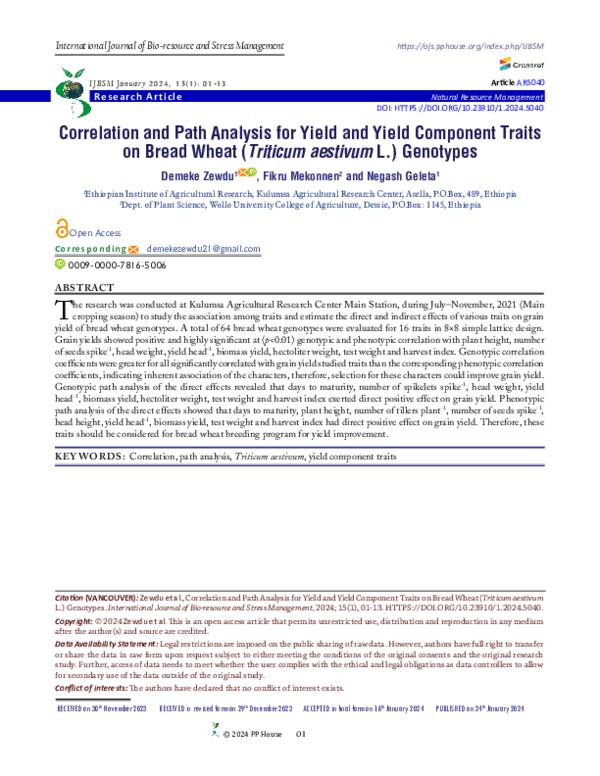 (PDF) Correlation and Path Analysis for Yield and Yield Component Traits on Bread Wheat ...