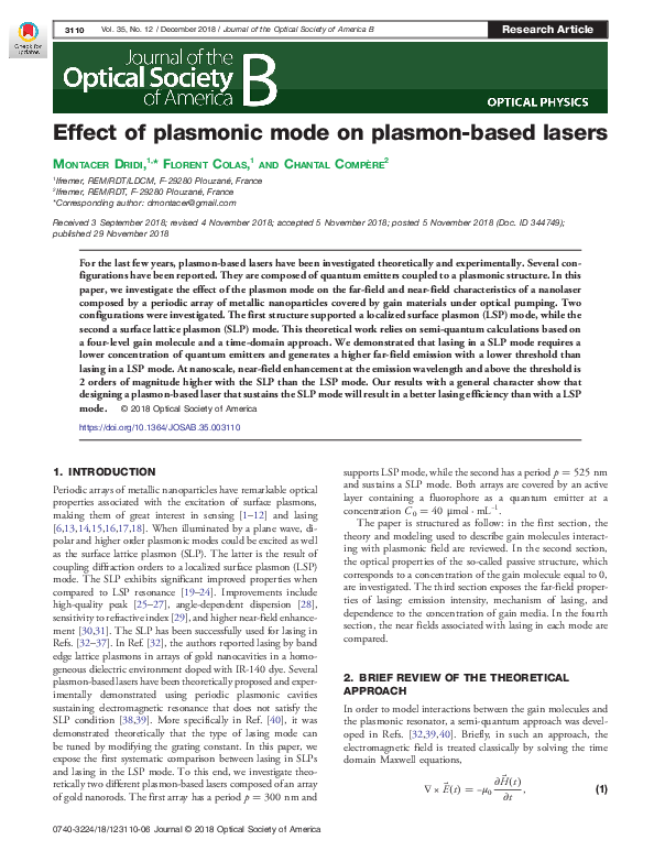 (PDF) Effect of plasmonic mode on plasmon-based lasers